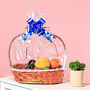 50 Packs Large Cellophane Bags 24 x 30 Clear Cellophane Gift Basket Wraps Extra-large 2.3 Mil Thick Clear Cello Bags for Fruit Basket, Gift Wrap, Treats, Arts and Crafts, 50ct Ribbon Bows Blue