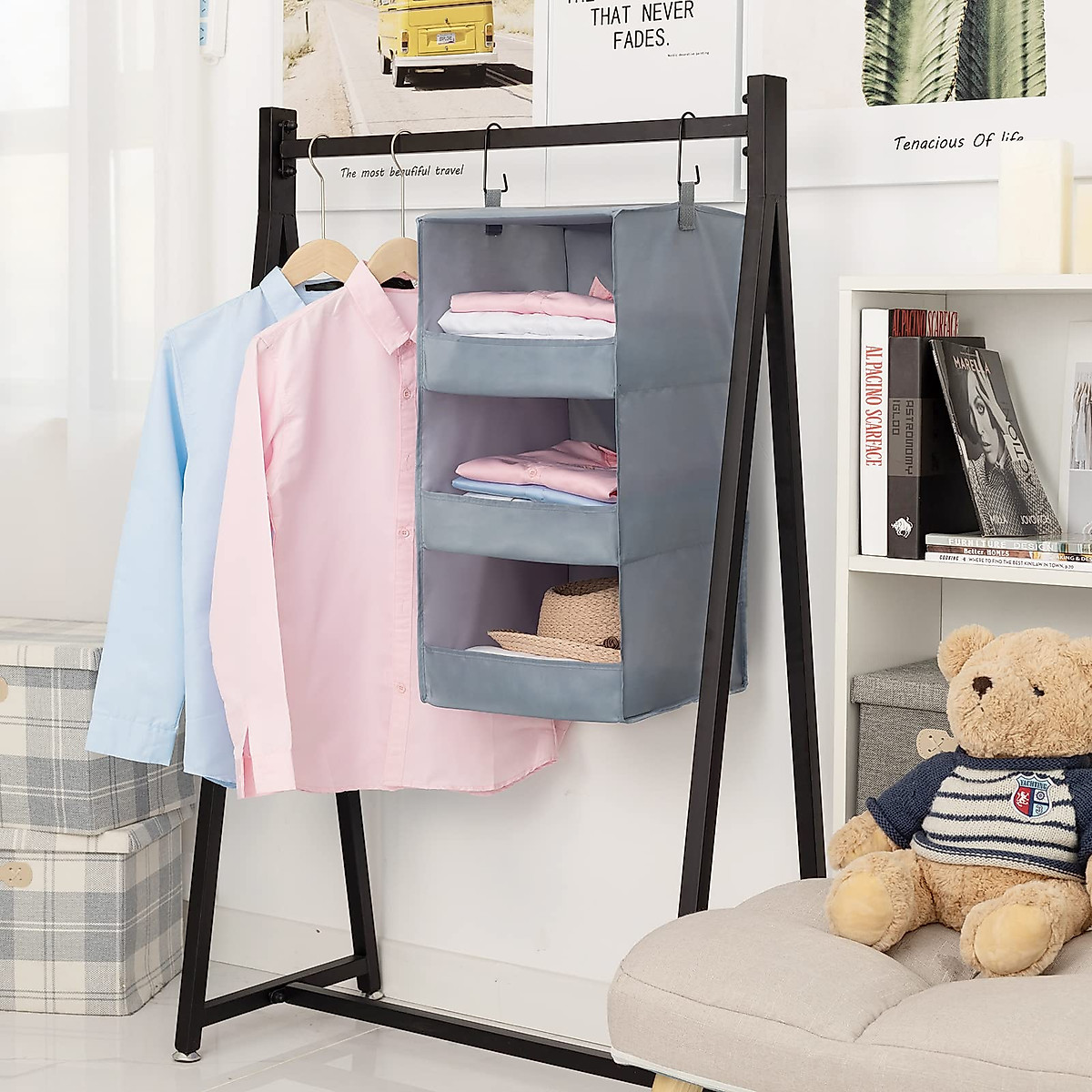 DonYeco 3-Shelf Hanging Closet Organizers and Storage, Collapsible Closet Storage Organizer, for RV Wardrobe Camp, Hanging Organizer for Shoes Toys Baby Clothes