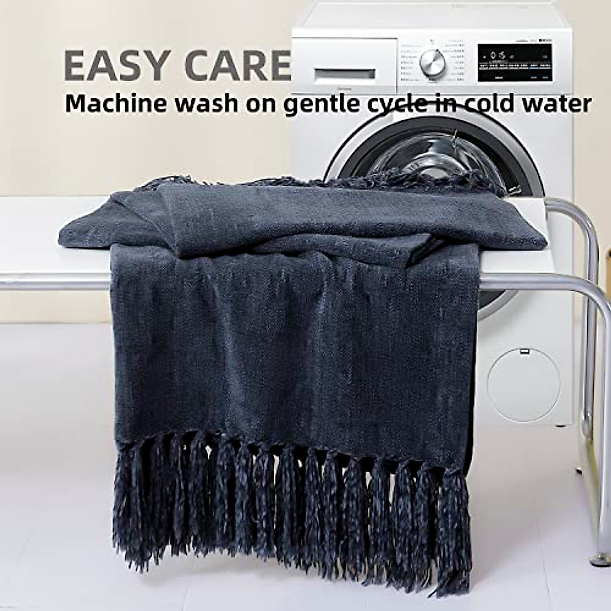 Bangya Navy Chenille Throw Blanket Soft Cozy Woven Fringe Tassel Throw for Sofa Couch Bed Living Room (Navy,50" X 60")