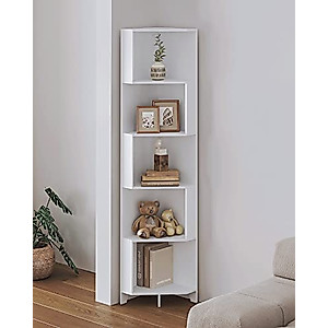 Yusong Bookshelf Corner Shelf Bookcase, Wooden 5-Tier Book Shelves Display Cabinet for Living Room,Bedroom,Bathroom, White