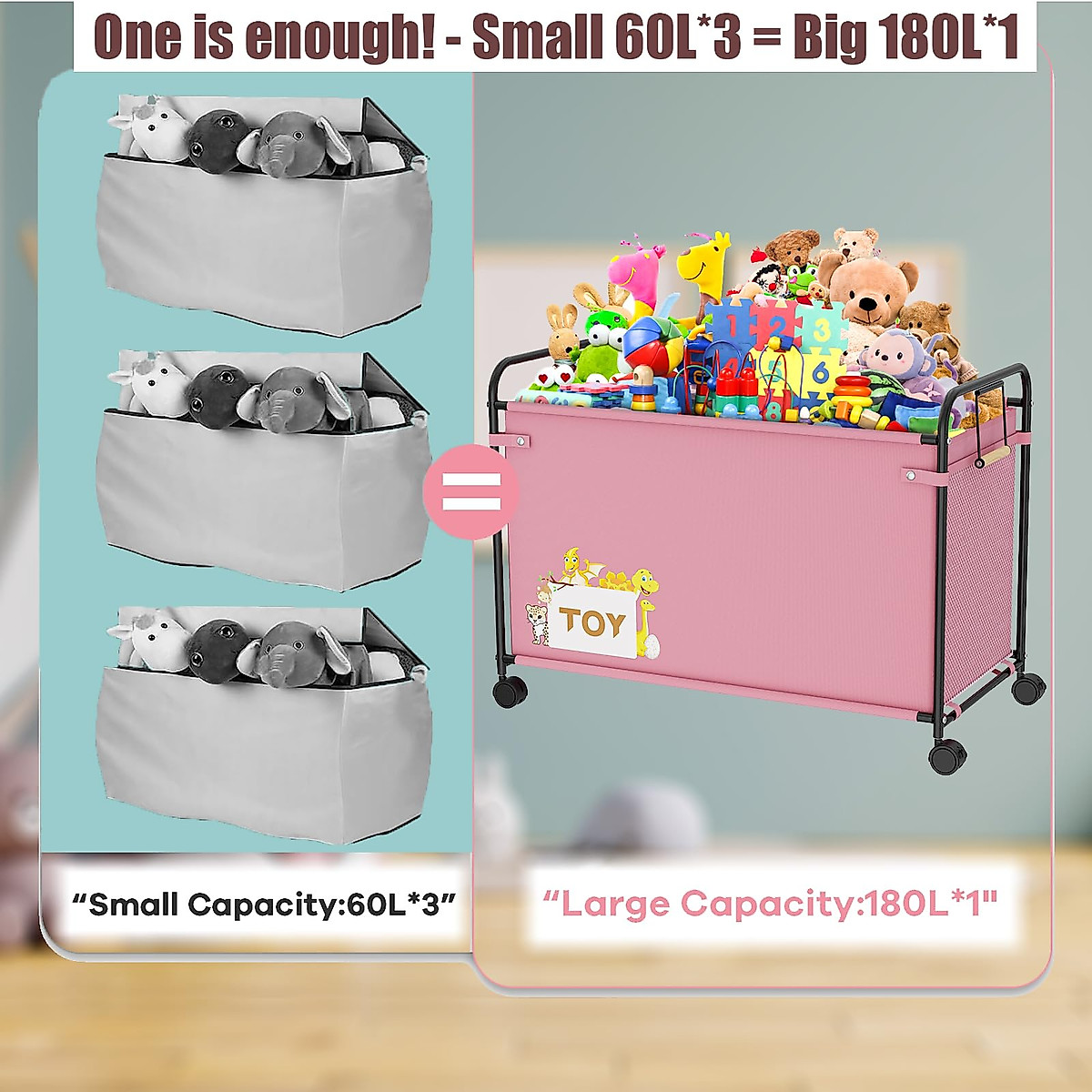 AIJIAMEIER 180L Kids Extra Large Toy Box with Wheels & Handle, 31.5” x 15.7” x 23.2” Big Toy Chest for Boys Girls, Toy Storage Organizer for Stuffed Animals, Playroom, Living Room Area(Pink, 1PC)