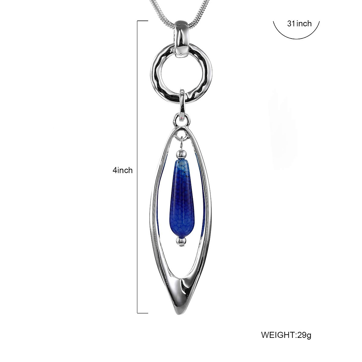 Necklace for Women Fashion Jewelry Long Natural Stone Pendant Statement Silver Necklaces with Gift Box (Blue)