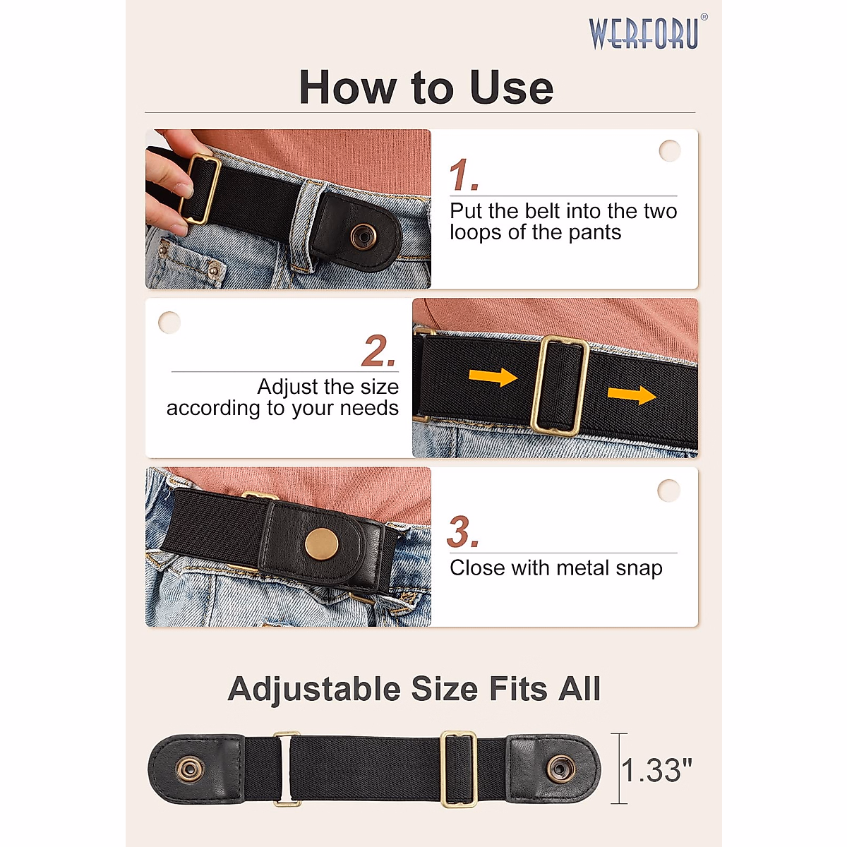 WERFORU No Buckle Elastic Stretch Belt for Women Men 2 Loop Buckle Free Invisible Belt for Jeans Pants 2 Pack,Fit 2 loop distance 7"-14"