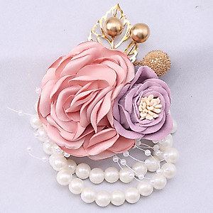 GoldenPlayer Wedding Bridal Wrist Flower Girl Bridesmaid Wrist Corsage Decor for Prom Party Wedding (Pink-Purple, Pack of 6)