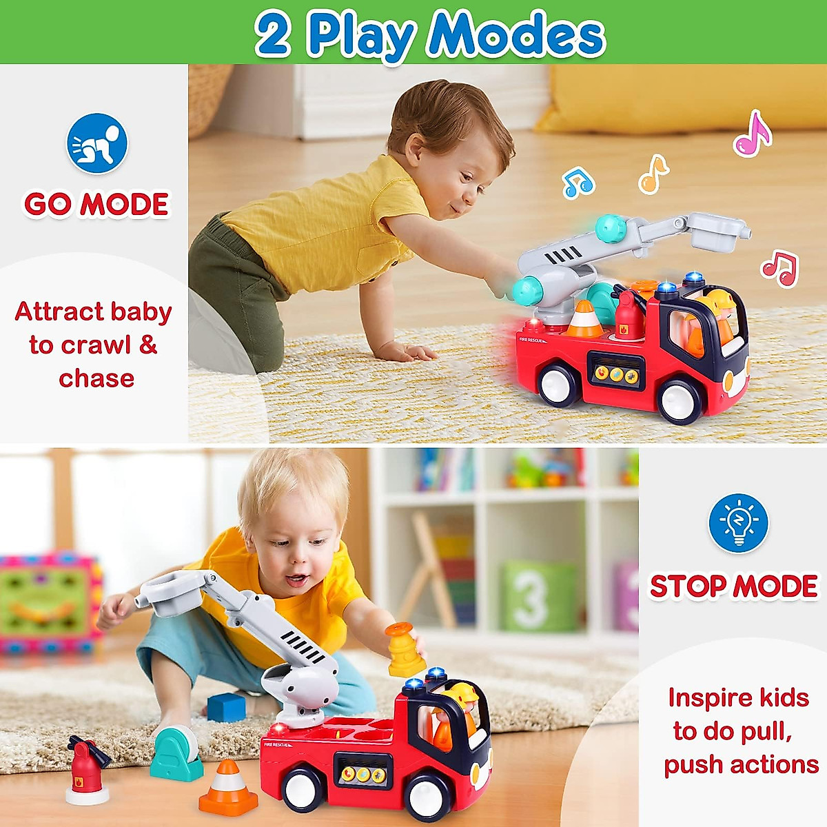 Toy Cars for 1 2 3 Year Old Boy Girls Gifts Fire Truck with Music & Light Toys for Toddler 1-3 Educational Learning Toys for 2 3 4 Year Old Birthday Gifts Baby Toys 12 18 Months for Infant Toddler