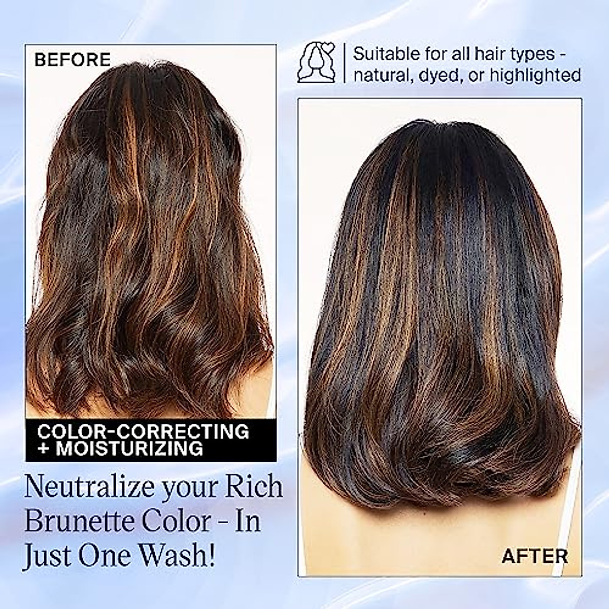 Eva NYC Brass to Sass Brunette Shampoo, Toning Blue Shampoo for Brunettes, Neutralizes Brassy Red and Orange Tones, Blue Shampoo for Color Treated Hair, 8.8 fl oz