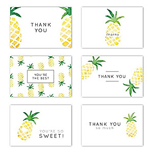 Gooji 4x6 Pineapple Thank You Cards (Bulk 36-Pack) Matching Peel-and-Seal White Envelopes | Assorted Set, Watercolor, Colorful Graphics | Birthday Party, Baby Shower, Weddings, Graduation Blank Notes
