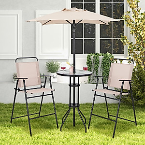 Giantex 4-Piece Outdoor Bar Set, Round High Top Bar Table with 2 Folding Counter Height Chairs & Umbrella, Patio Bistro Table Set with Tempered Glass Top for Garden Porch Poolside, Beige