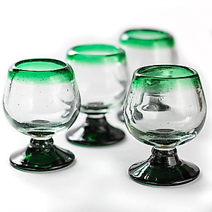 MEXTEQUIL - Authentic Mexican Tequila Hand Blown Shot Glasses - Set of 4-2 oz - Mini Glass Snifters - Heavy Base - Cognac (Green Rim)