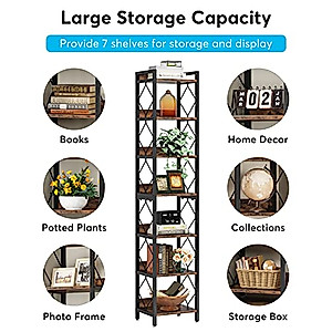 Tribesigns 78.7 Inch Extra Tall Narrow Bookshelf, 7 Tier Skinny Bookcase for Small Spaces, Freestanding Display Shelves, Multifunctional Corner Storage Organizer for Home Office, Rustic Brown
