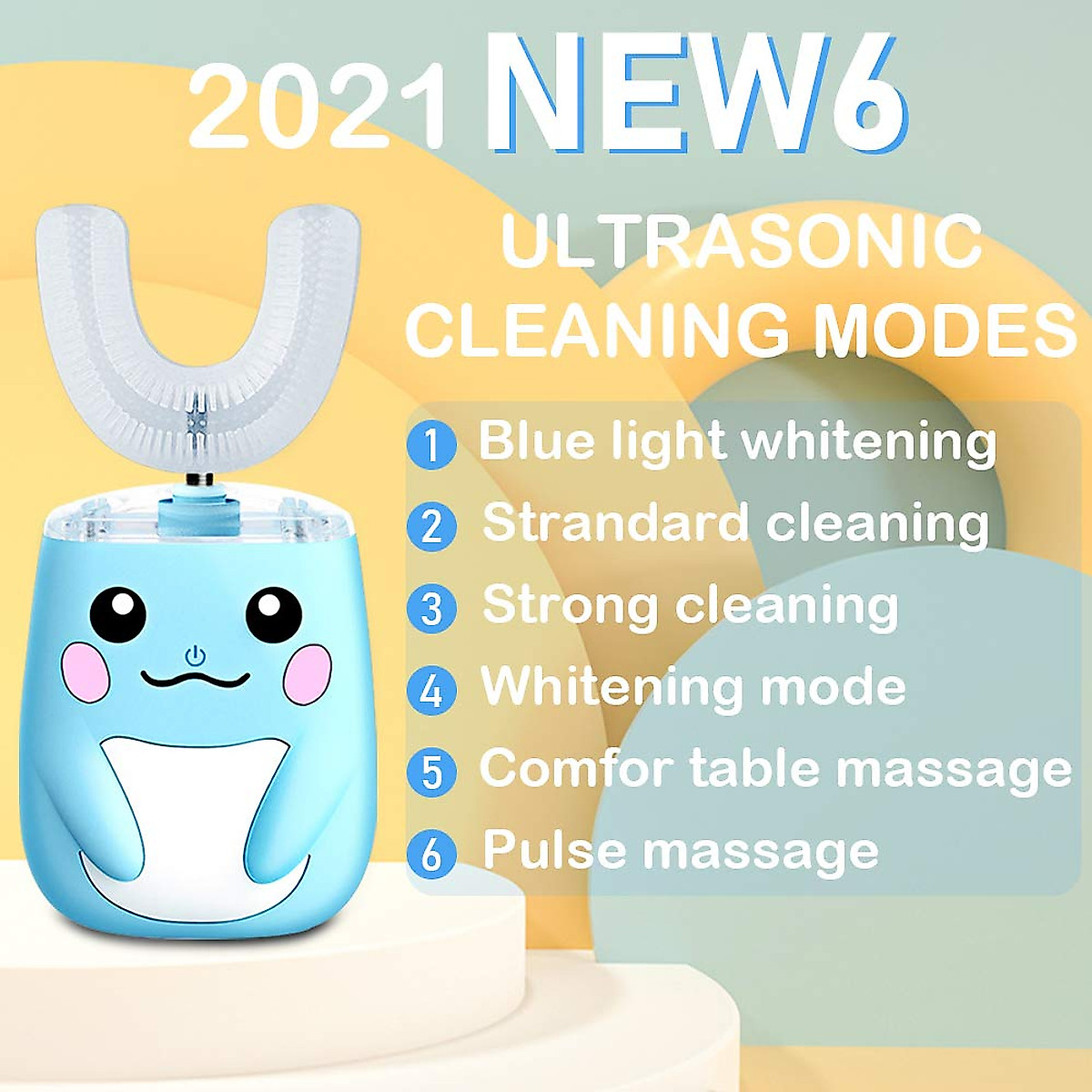 BASHUO Kids Ultrasonic Electric Toothbrush, 6 Gear Speed Mode IPX7 for Sensitive Teeth 360° Oral Cleaning U Shaped Toothbrush for Children Toddler 2-7 Years Old (Pink)