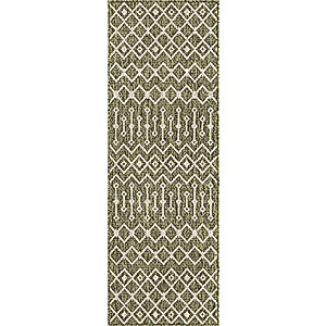 Unique Loom Outdoor Trellis Collection Area Rug - Tribal Trellis (2' x 8' Runner, Green/ Natural)