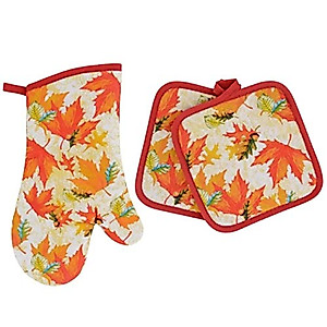 Combined Fall Kitchen Pot Holder and Mitt - Autumn Oven Mitt and Pot Holder Set - Maple Leaves -3 Items