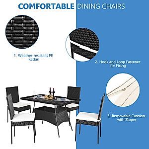 HAPPYGRILL 5-Piece Patio Dining Set Rattan Wicker Table Chairs Set with Cushions & Tempered Glass Table Top, Patio Furniture Outdoor Dining Set for Garden Poolside