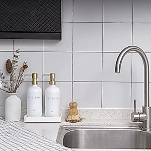 Janxin Glass Soap Dispenser for Kitchen with Stainless Steel Pump and Wood Tray, Modern Bathroom Soap Dispenser with Waterproof Labels for Hand Soap, Dish Soap, Lotion(White Bottles+Gold Pumps)