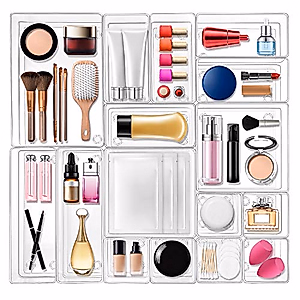 KPX 16pcs Makeup Drawer Organizer Set, Clear Plastic Desk Drawer Dividers, 5-Size Vanity Cosmetic Trays with Non-Slip Pads, Storage Bins for Kitchen Utensil,Jewelries and Office Accessories (16)