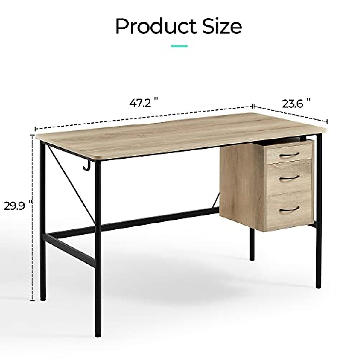 LINSY HOME Office Desk with Cabinet, Computer Desk 47 inch with 3 Drawers Storage, Writing Desk Study Table with Monitor Stand Groove for Home Office