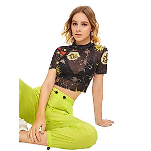 SweatyRocks Women's Short Sleeve Print See Through Sheer Mesh Crop Top T Shirt Black Star M