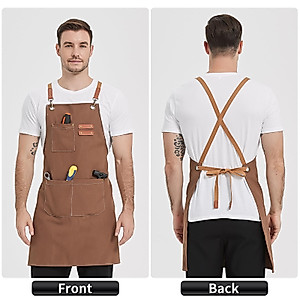 FunChaos Brown Canvas Aprons, Work Aprons for Men Women, Chef Aprons with Adjustable Strap and 3 Pockets, Apron for Servers Kitchen Cooking Baking Artist Painting, Cross Back