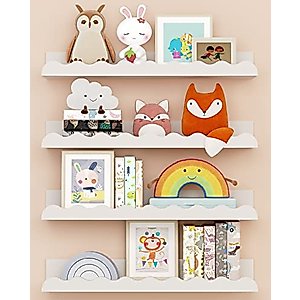 Kids' Bookshelf Set of 4 - White Floating Nursery Book Shelves, Picture Ledge Shelf for Wall Decor and Storage - Perfect for Books, Toys, Photo Frames, and Nursery Décor