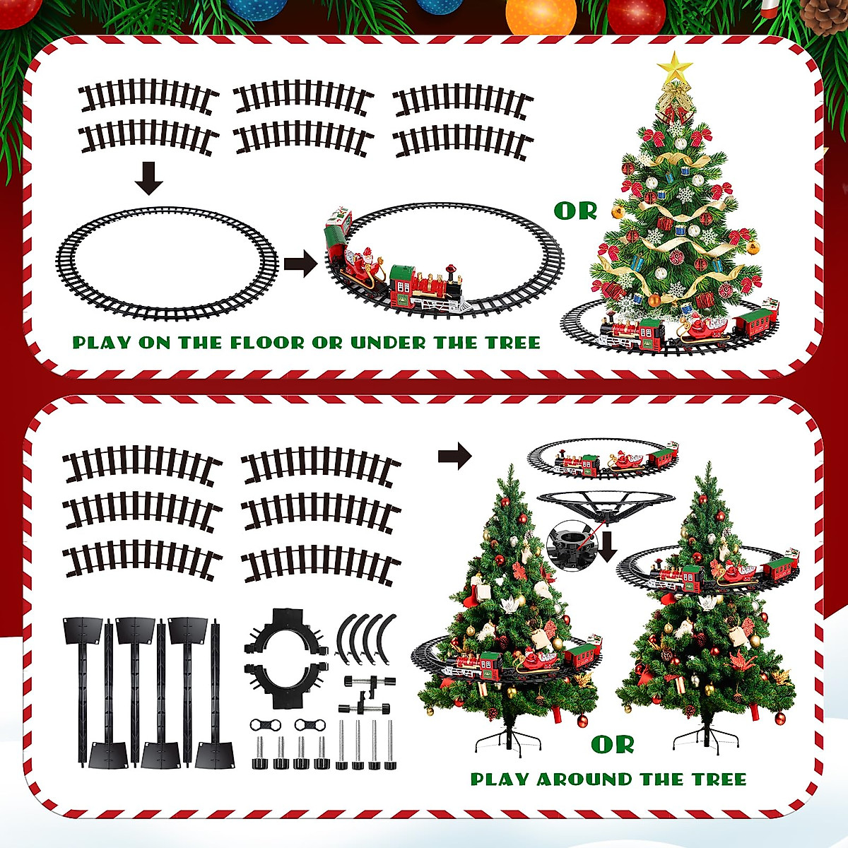 Train Set - Christmas Train Set Around & Under The Tree, Electric Train Set with Light & Sound, Battery Operated Kids Train Toys with Locomotive Engine Cars Tracks, Gift for Boys Girls