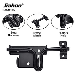 JIAHOO Slide Bolt Gate Latch, Heavy Duty Door Lock with Padlock Hole, Sliding Bolt Latch Hardware for Wooden Fence, Shed Door, PVC Fence, Barn Door, Thickened Steel, Black Finish