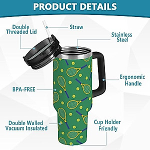 Exnundod Tennis Rackets and Balls Tumbler with Handle 40oz and Straw Insulated Tumblers Leak-proof Water Bottle for Car Travel