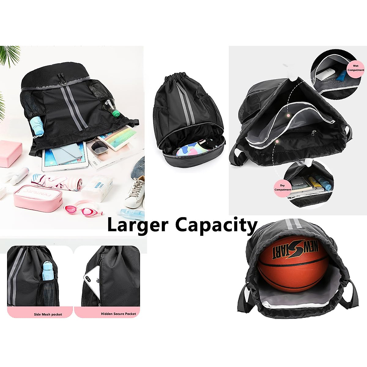 BRILISLE Drawstring Backpack Water-Resistant Sports Gym Bag for Women & Men with Shoes Compartment and Wet-Proof Pocket Black