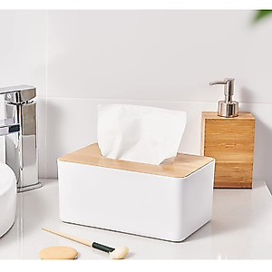 Bamboo Tissue Box Cover, Rectangular Tissue Box Holder for Bathroom Vanity, Countertop, Bedroom Dresser, Bedside Table, Desk,Disposable Paper Facial Tissues Tissue Box White