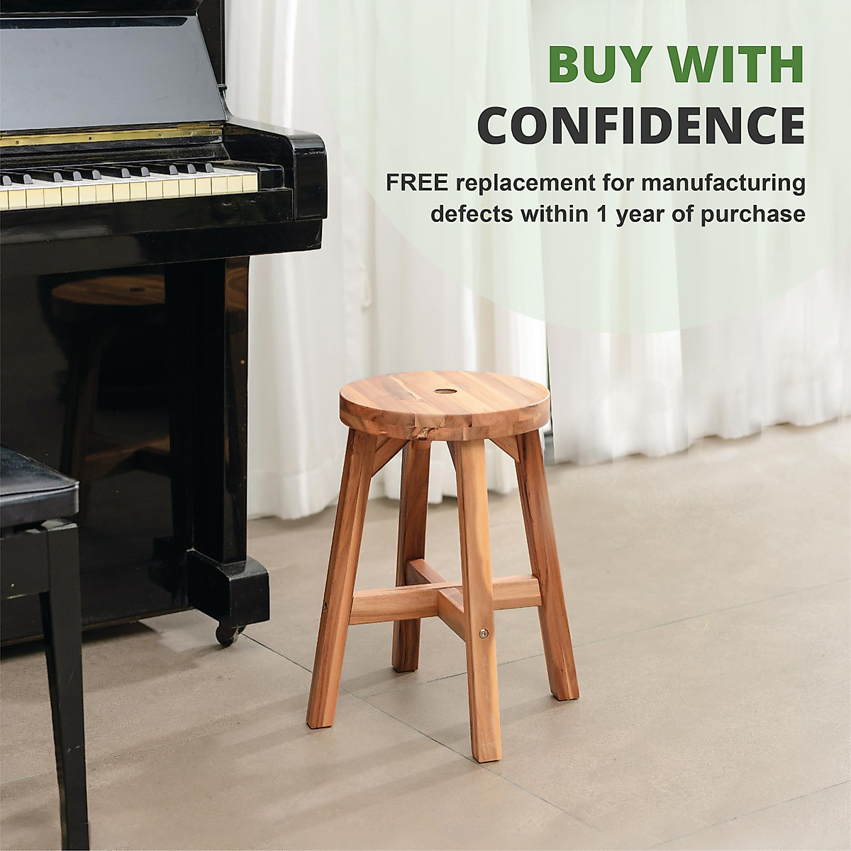 BEEFURNI Round Wooden Stool, Acacia Wood 18 Inch Stool, Wooden Step Stools for Kids, Solid Wood End Table, Plant Stool 350 LBS Load Capacity, Easy to Assemble, 1 Year Warranty