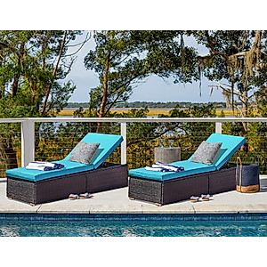Outdoor PE Wicker Chaise Lounge, Patio Lounge Chair Adjustable Reclining Chair for Pool with Removable Cushion, Black and Blue