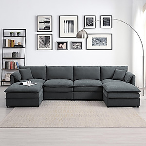 ONEMMLION 134" Cloud Couch Sectional Sofa with Ottomans, Modular Sectional Couch with Double Cushions, Modern 6 Seat Comfy Oversized Chenille U Shaped Couch for Living Room, Grey