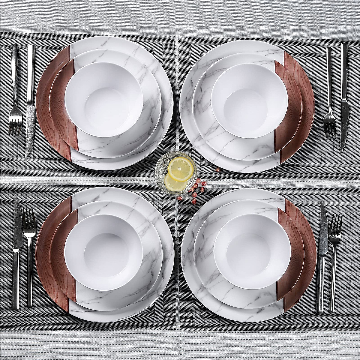 Melamine Dinnerware Sets for 4, 12-Pieces Plates and Bowls Sets, Unbreakable BPA Free, Suitable Indoors and Outdoors, Marble and Wood Color