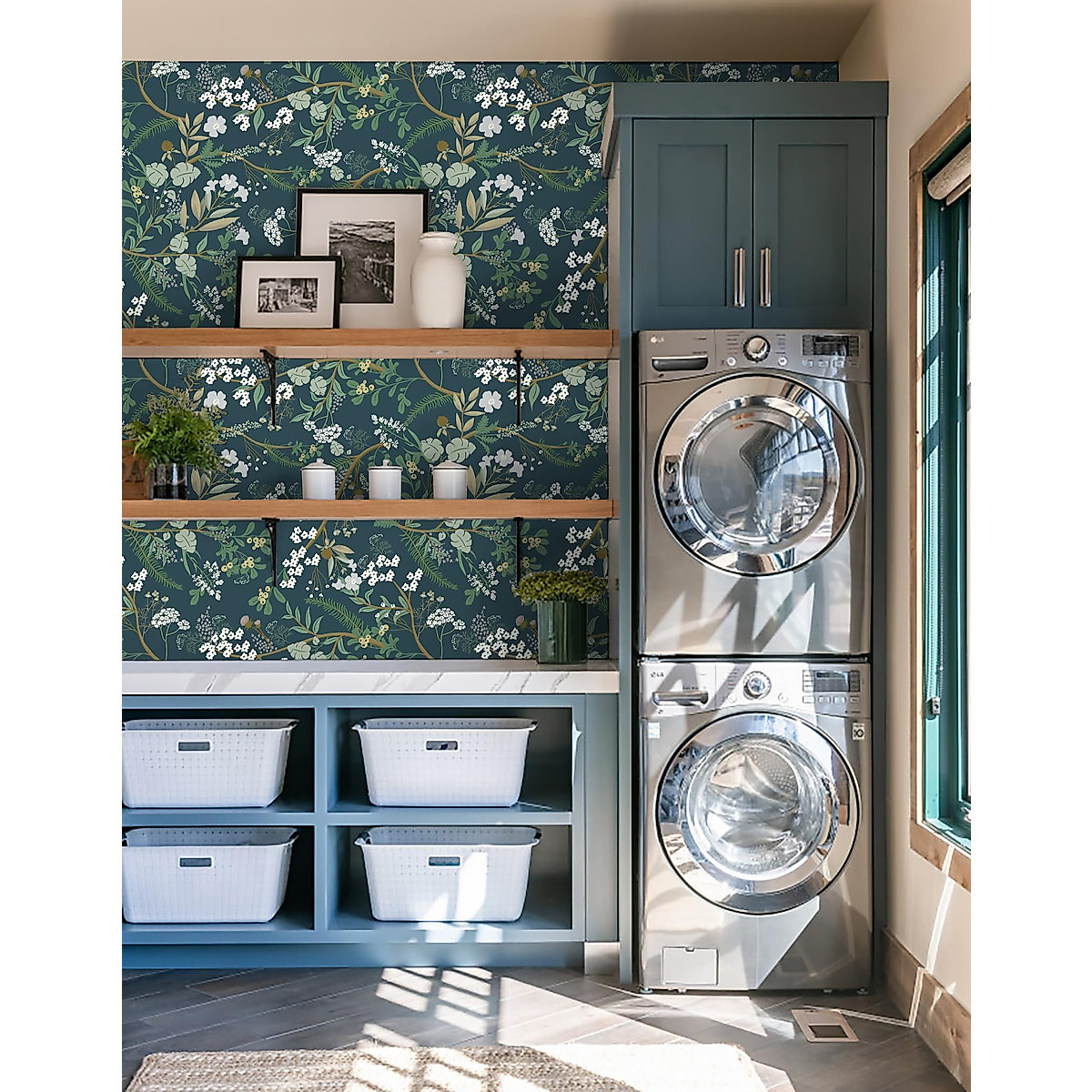 Guvana Floral Peel and Stick Wallpaper Leaf Wallpaper Green Leaves Contact Paper Flowers Self Adhesive Wallpaper DIY Removable Contact Paper Vintage Wallpaper for Bedroom Livering Decor 118"x16.2"