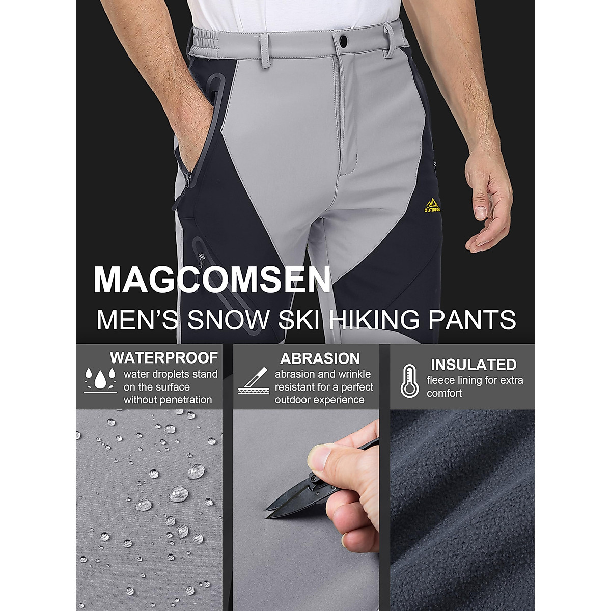 MAGCOMSEN Snow Pants Men Waterproof Pants Softshell Hiking Pants Mens Winter Pants Fleece Lined Pants Ski Pants Warm Pants Skiing Pants Snowboard Pants for Men Light Grey
