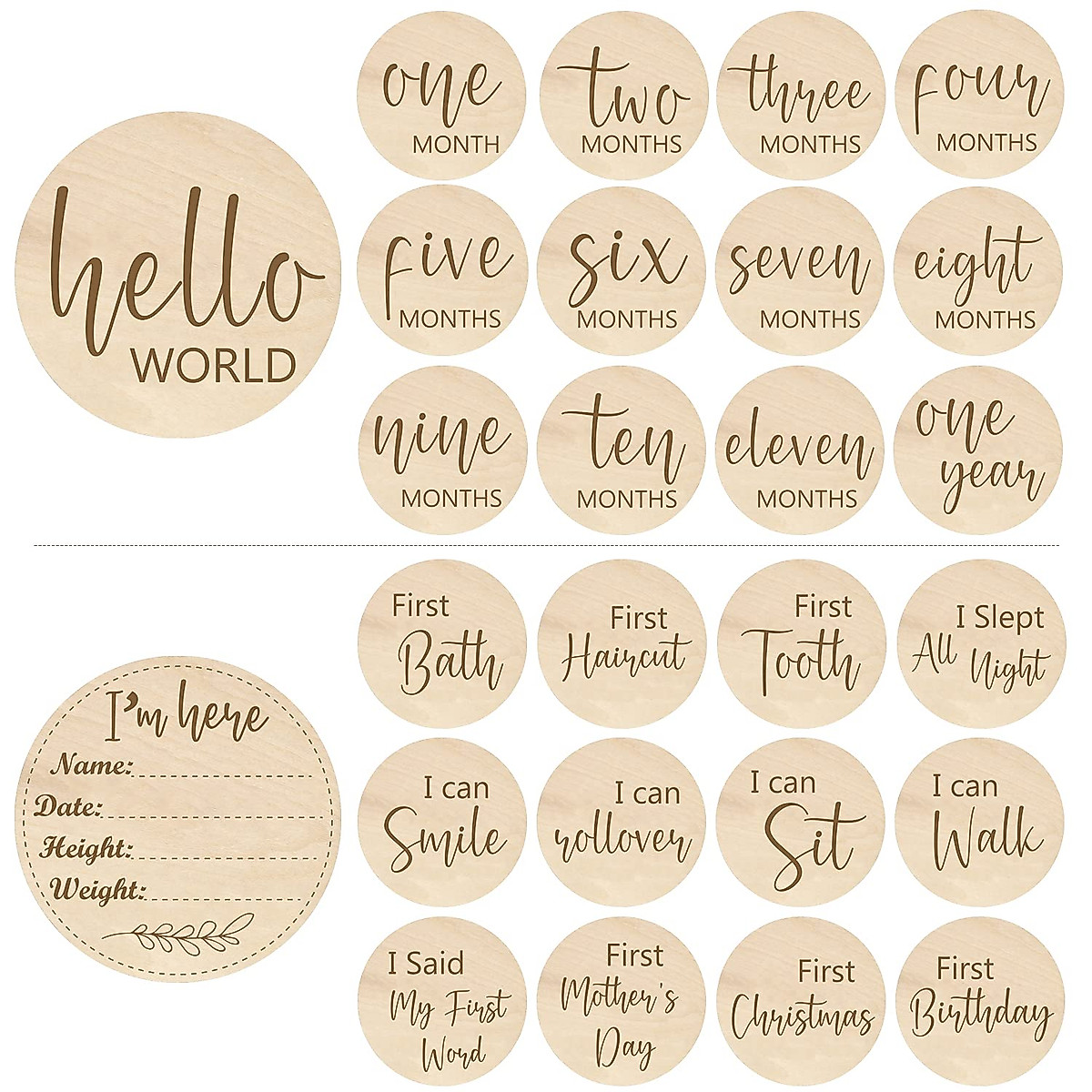 Baby Milestone Cards Wooden Monthly Cards and Infant First, Double Sided Engraved Photo Prop Discs,Gift Set for Baby Shower and Newborn,Come with Velvet Gift Bag (Round style2)