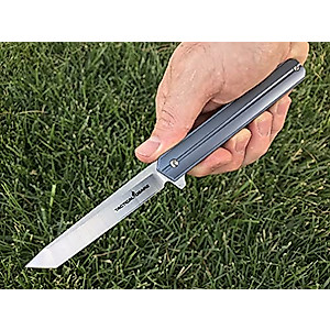 TACTICAL GEARZ Premium Titanium EDC Pocket Knife! Solid Tc4 Titanium Handle! D2 Steel Tanto Blade! Includes Sheath! (Seren Midnight Blue)