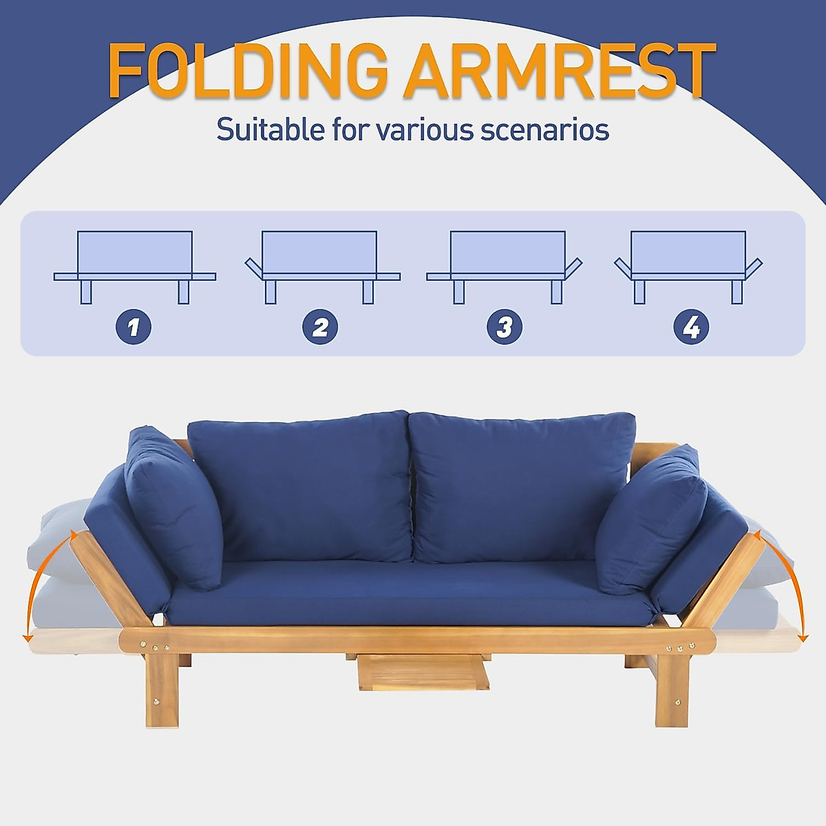 FDW Outdoor Patio Couch Daybed Sofa Loveseat Seating Outdoor Couch Daybed with Adjustable Armrest, Wooden Loveseat with Cushion and Pillow and Expandable Plate