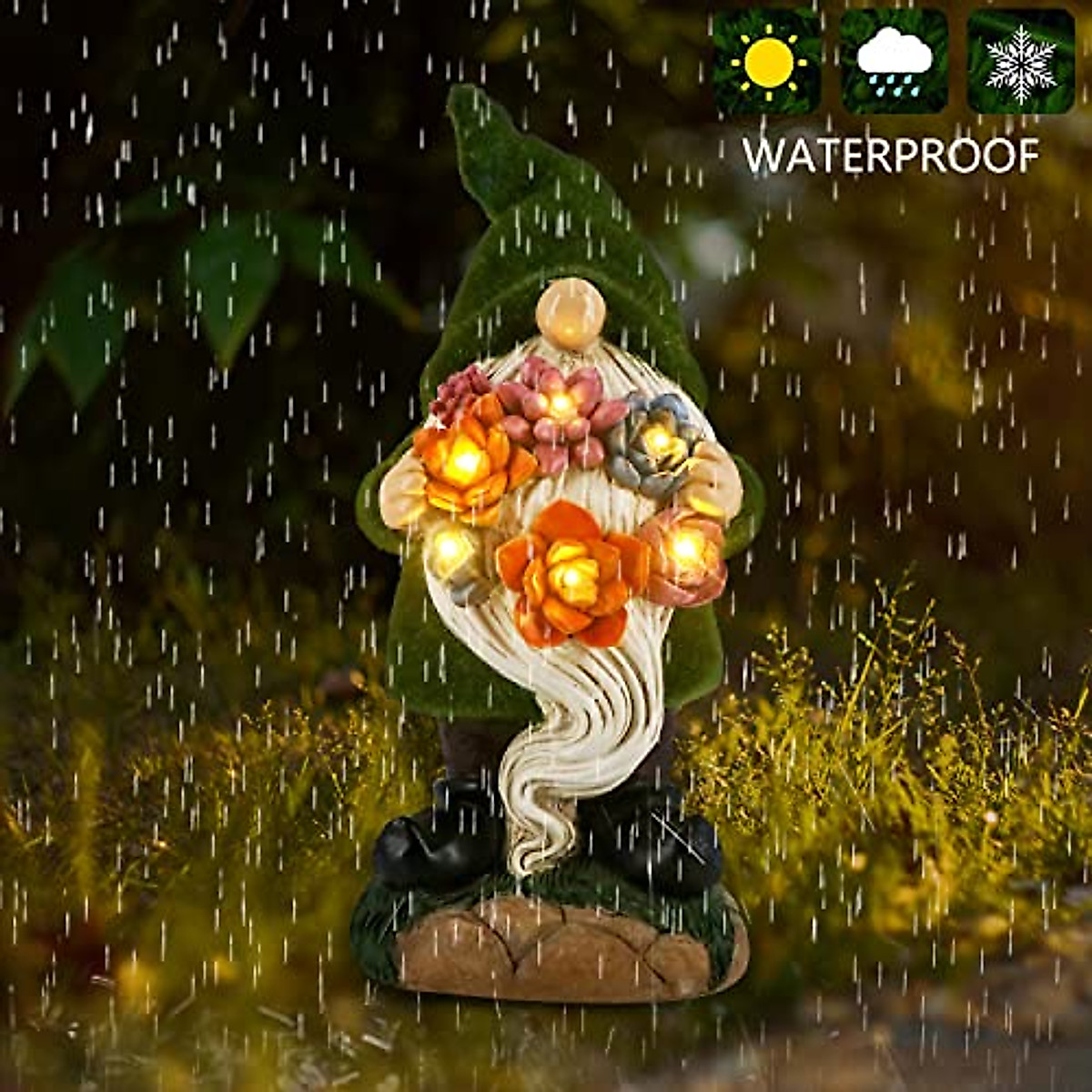 DKJOCKY Garden Gnomes Statues,Resin Knomes Figurine with Succulent Wreath Solar 6 LED Lights,Outdoor Statues Garden Decor for Patio Yard Lawn Porch Art Ornament Gift,10.2inch