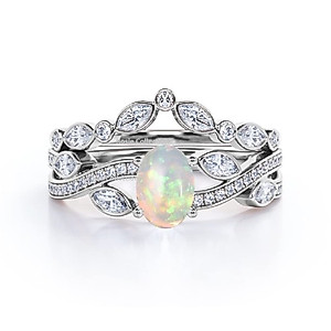 Rosie Collection Solid 14K White Gold Plated 925 Sterling Silver Created Opal V Shaped Chevron Wedding Engagement Bridal Ring Set 7