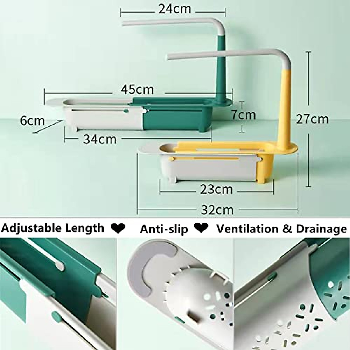 Upgraded Telescopic Sink Storage Rack, Adjustable Length 2-in-1 Sink Organizer Tray Sponge Soap Holder with Dishcloth Hanger, Expandable Storage Drain Basket for Home Kitchen (Blue)