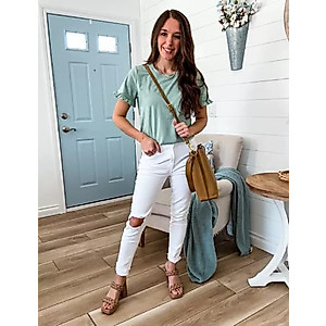 PRETTYGARDEN Women's Short Sleeve Casual T Shirts Summer Ruffle Plain Round Neck Loose Fit Tee Blouse Tops (Green,Small)