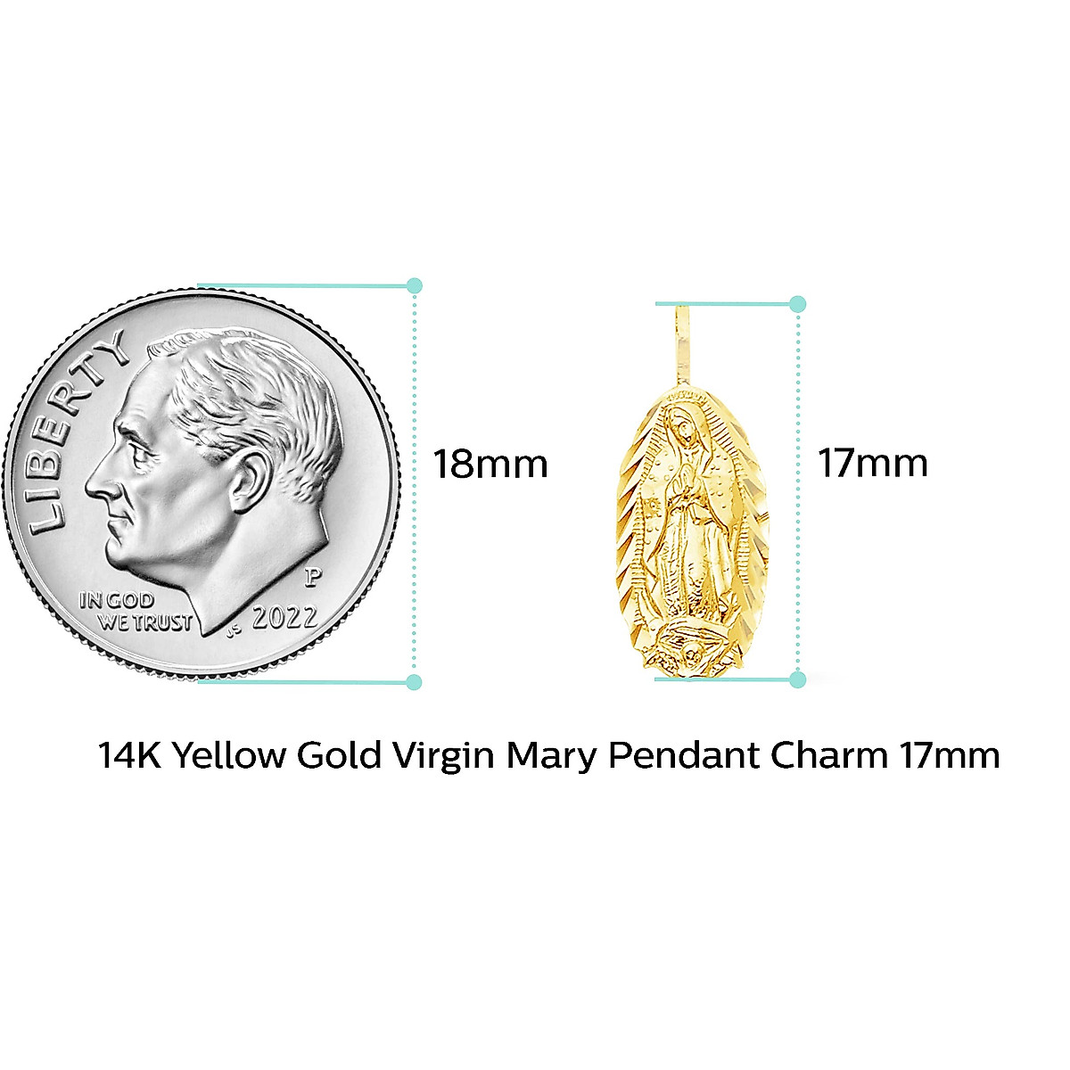 Small 14K Yellow Gold Diamond-Cut Religious Our Lady Of Guadalupe Virgin Mary Pendant Miracle Medal Charm (17x9 mm) (3/4" height) - Jewelry Gifts For Women Wife Mom Gifts For Men Husband Dad