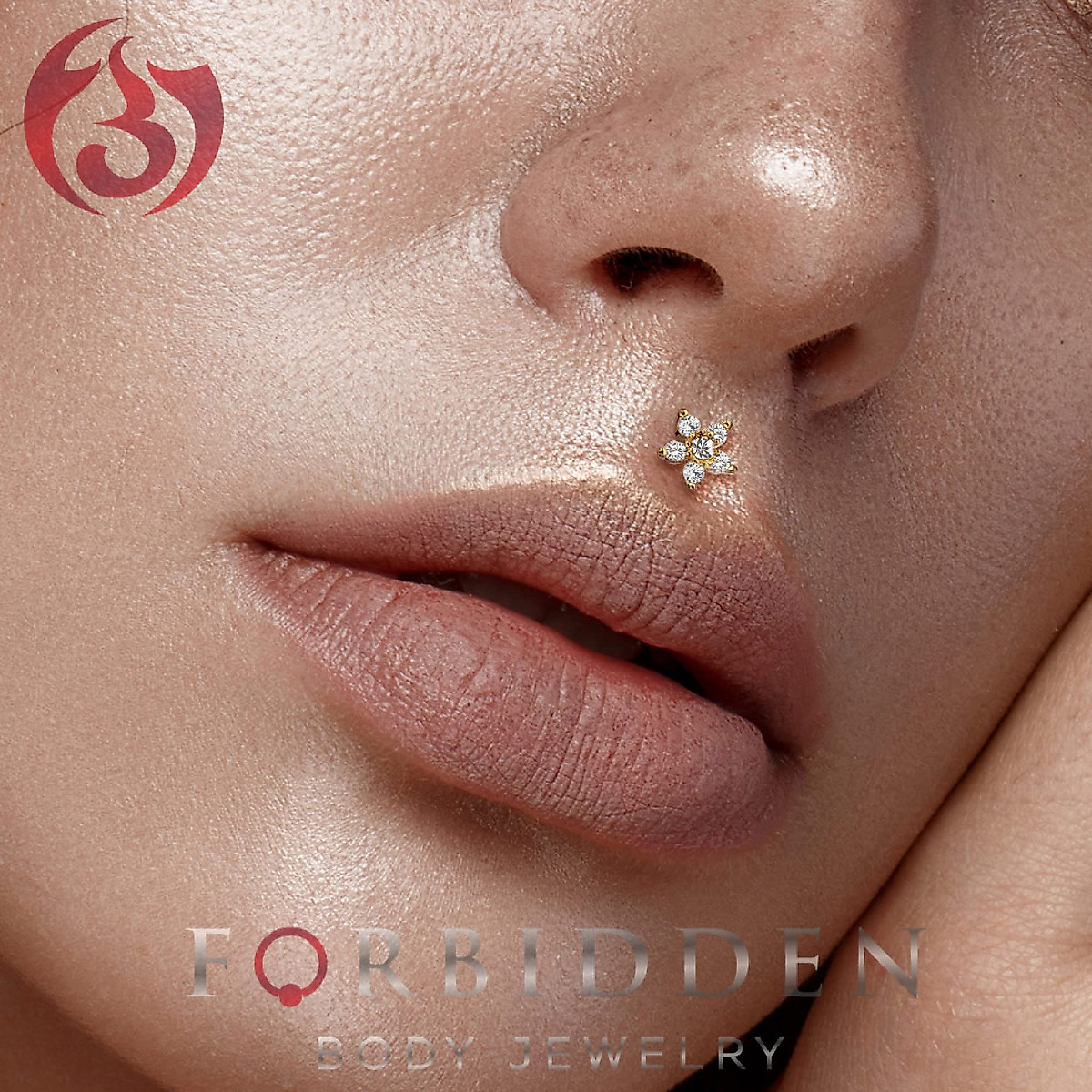 Forbidden Body Jewelry 16g 6mm Internally Threaded Cartilage/Tragus/Labret/Monroe Stud w/Double Tier Floral Top, Clear