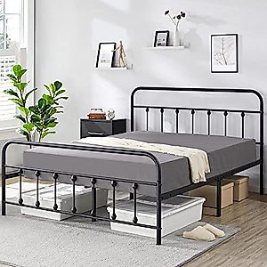 Topeakmart Queen Size Victorian Style Metal Bed Frame with Headboard/Mattress Foundation/No Box Spring Needed/Under Bed Storage/Strong Slat Support Black