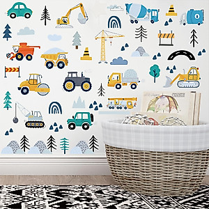 Construction Vehicles Wall Stickers - 6 Sheets 90 Pcs Construction Themed Trucks Excavator Crane Bohemian Style Wall Decals Peel and Stick Wall Decors for Kids Baby Bedroom Boys Room Nursery Playroom
