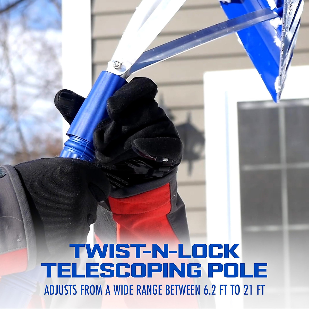 Snow Joe RJ204M 21' Twist-n-Lock Telescoping Snow Shovel Roof Rake with 6" by 25" Poly Blade, 25 inches, Blue