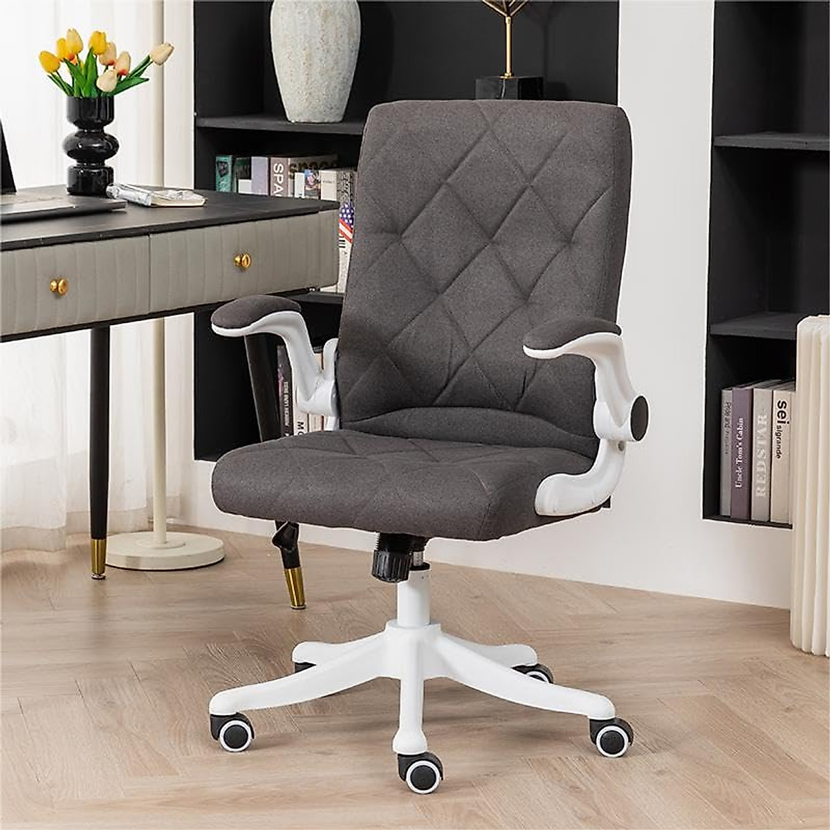 Home Office Chair, Comfy Chair Work from Home Essentials, Cloth Comfy Office Chair Comfortable Computer Chair with Wheels Swivel, Ergonomic Lumbar Support and Flip-up Armrests |Grey
