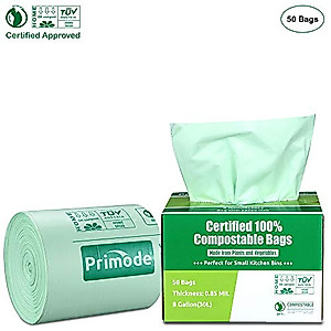 Primode 100% Compostable Bags, 8 Gallon (30L) Food Scraps Yard Waste Bags, 50 Count, Extra Thick 0.85 Mil. ASTM D6400 Compost Bags Small Kitchen Trash Bags, Certified by BPI and TUV