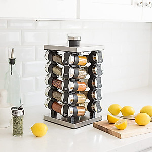 Orii Rotunda 20 Jar Spice Rack Filled with Spices & Top Label - Rotating Standing Rack Shelf Holder & Countertop Spice Rack Tower Organizer for Kitchen Spices, Free Spice Refill for 5 Years